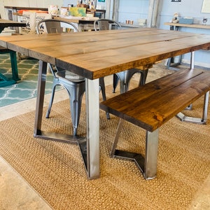 Industrial Farmhouse Table With Bench and Metal Chairs , Rustic Steel ...