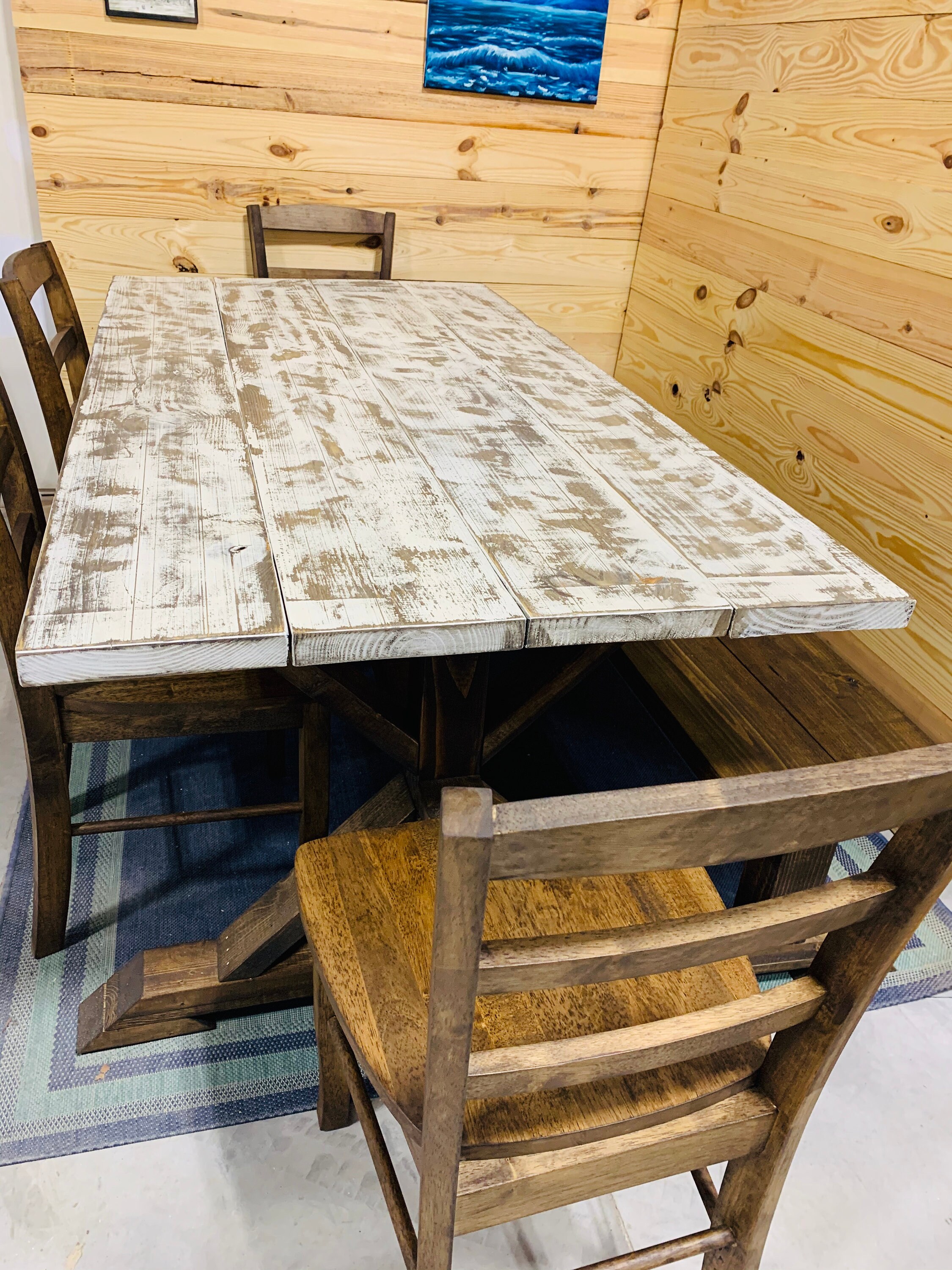 Rustic Pedestal Farmhouse Wood Table Set with Long Bench and Rustic ...