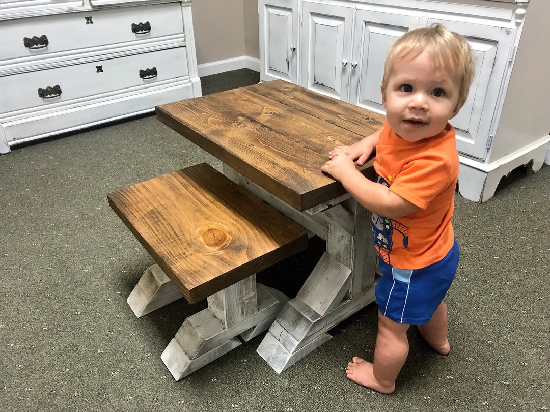 Kids Rustic Pedestal Style Farmhouse Table Set With Benches, Children's ...