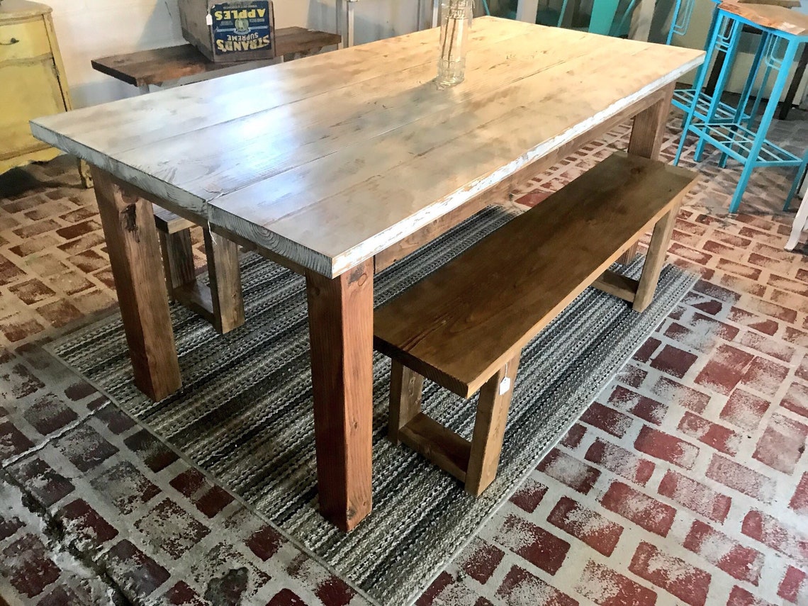 Rustic Weathered Farmhouse Table Set With Wooden Benches - Etsy