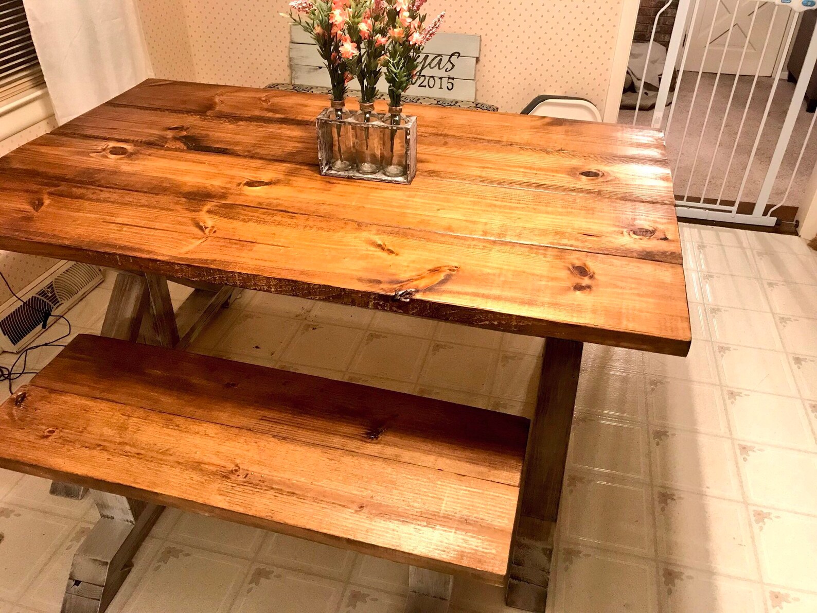 Small Rustic Pedestal Farmhouse Table With Bench Provincial | Etsy