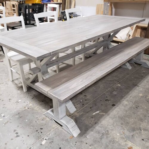 White Wash Farmhouse Table With Bench With Back Rustic Wooden - Etsy