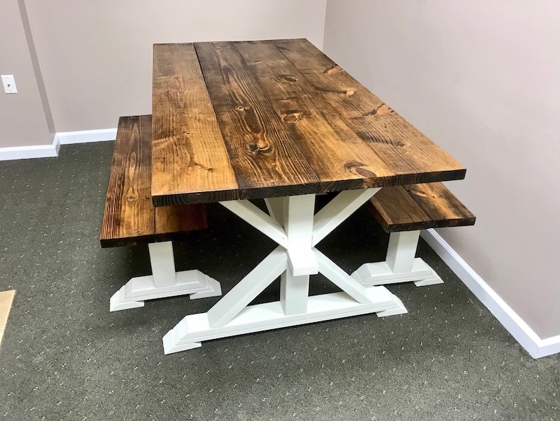 Rustic Pedestal Farmhouse Table With Benches Provincial Brown | Etsy