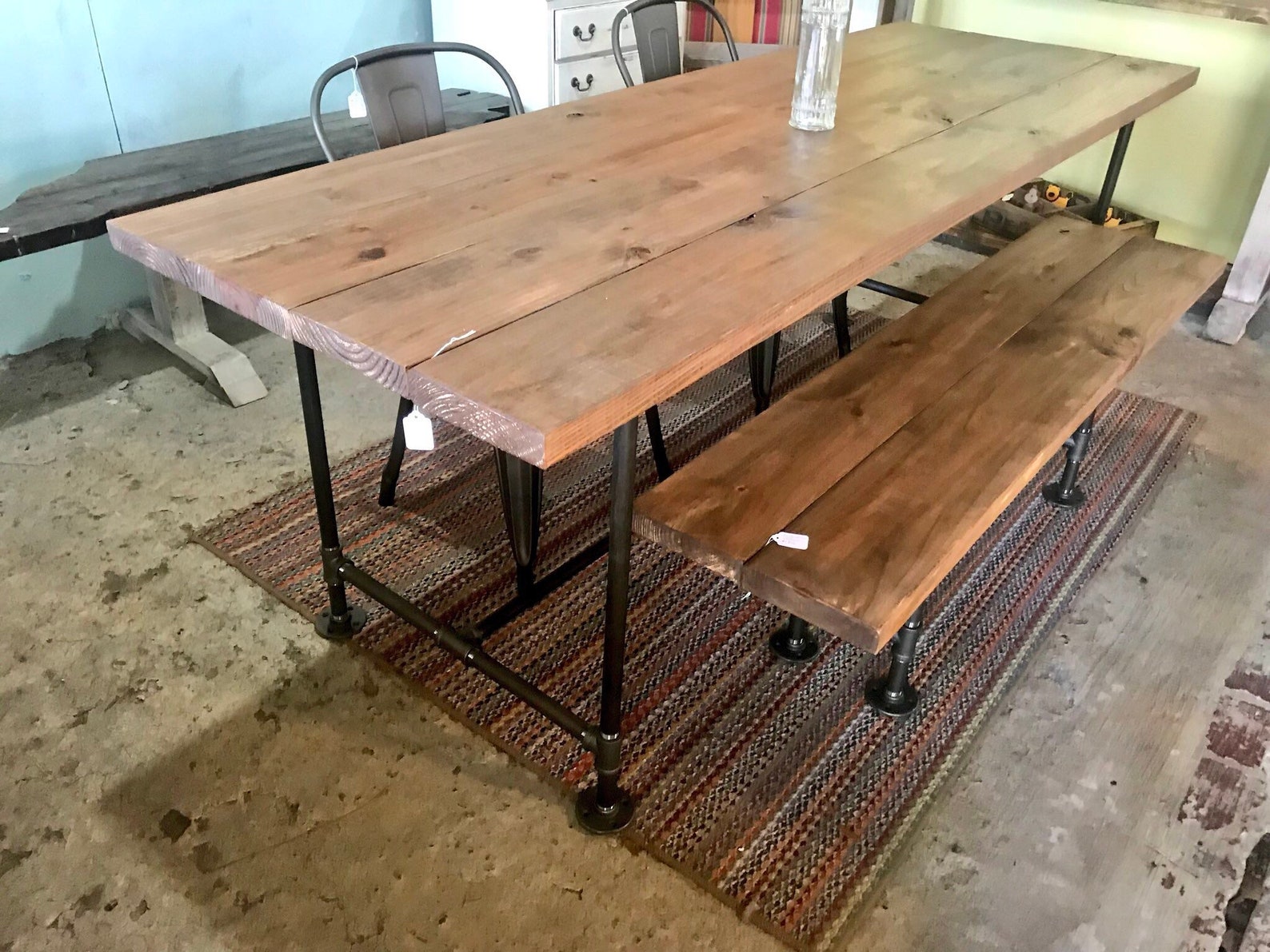 Industrial Style Farmhouse Table with Bench and Metal Chairs | Etsy