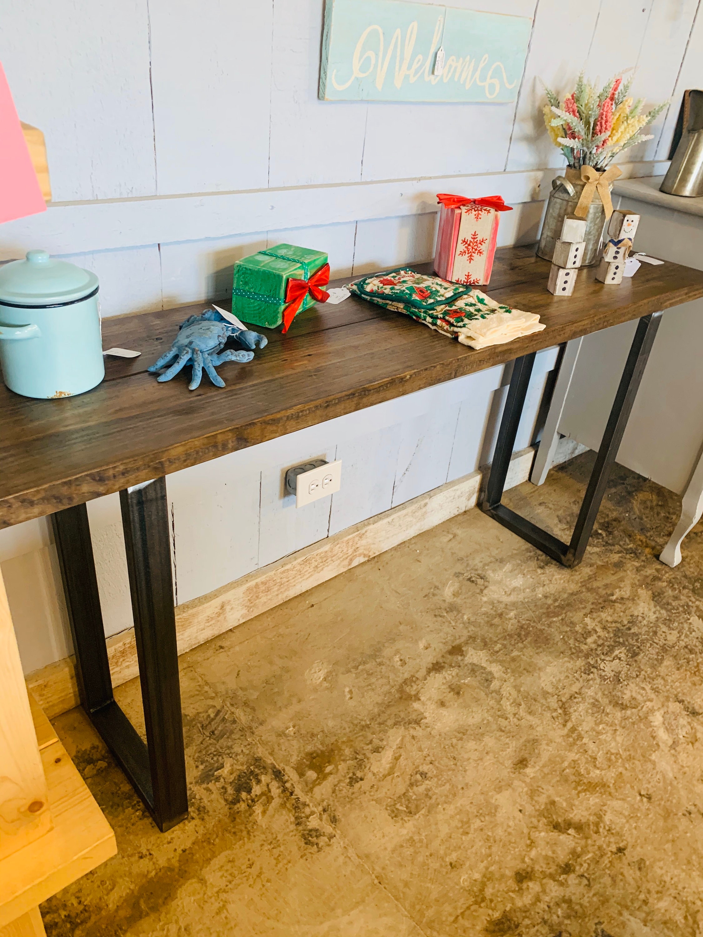 Industrial Farmhouse Entryway Table with Steel Legs and Wooden Dark ...