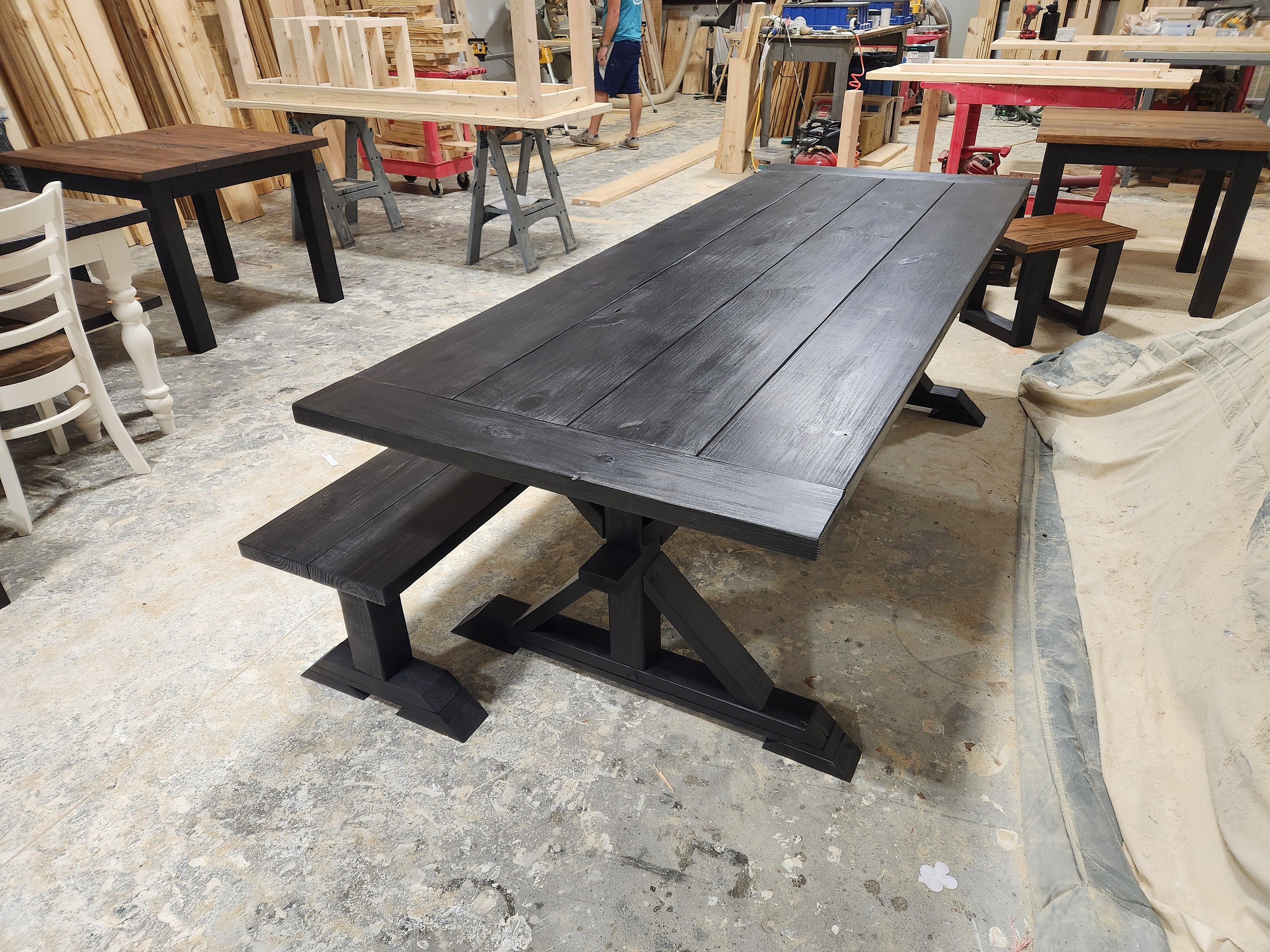 Black Modern Trestle Farmhouse Table, With Benches, Stained True Black ...