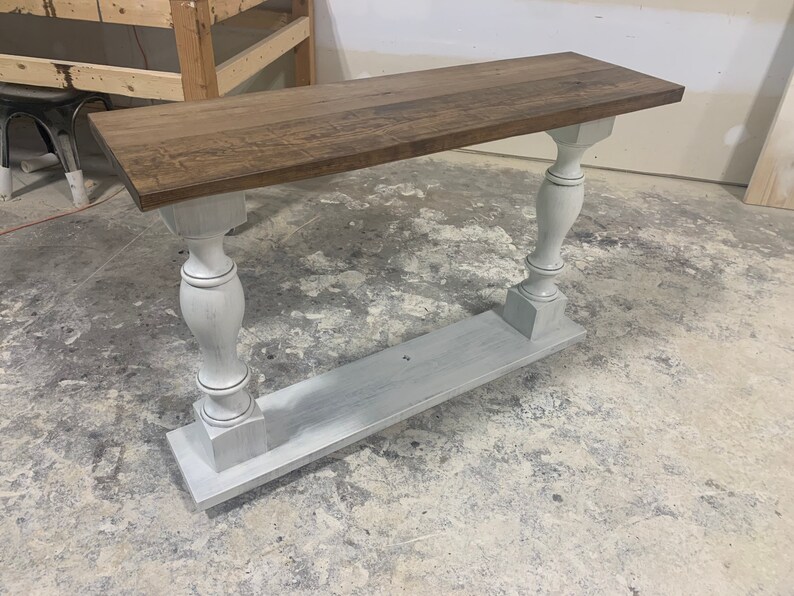 Distressed Farmhouse Console Table: Provincial Brown Top, Turned Legs ...