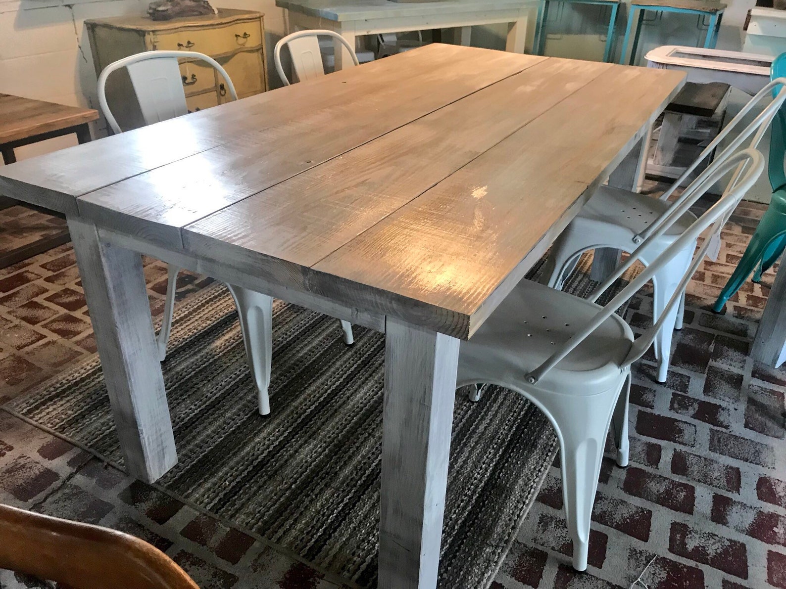 White Wash Farmhouse Table With Metal Chairs Rustic Wooden - Etsy