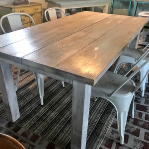 White Wash Farmhouse Table With Metal Chairs Rustic Wooden Gray White ...