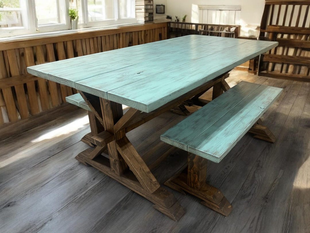 6ft Farmhouse Dining Table Set: Distressed Teal, Dark Walnut, Trestle ...
