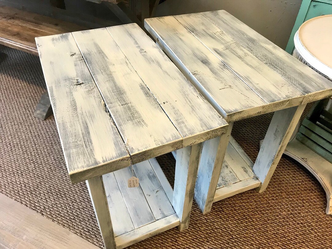 Rustic Handmade Long End Tables Set With Shelve, Distressed Creamy ...