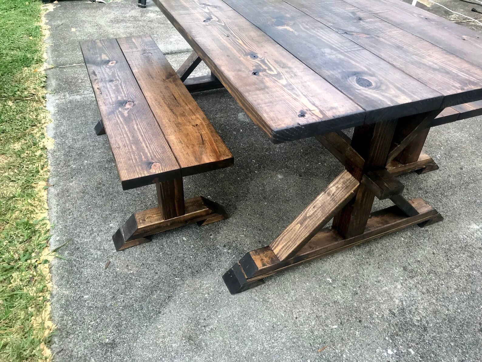 Rustic Pedestal Farmhouse Table With Benches Dark Walnut Brown - Etsy