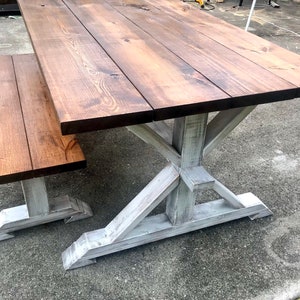 Rustic Pedestal Farmhouse Table With Bench Provincial Brown With White ...