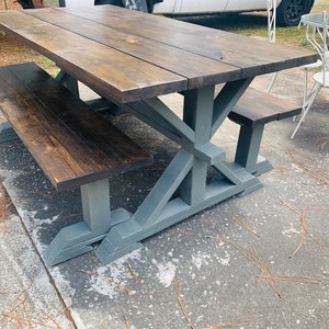 Rustic Pedestal Farmhouse Table With Benches Espresso Brown Top With a ...