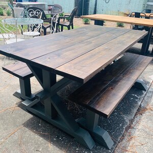 Rustic Pedestal Farmhouse Table With Benches Espresso Brown Top With a ...