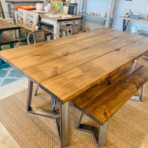 Industrial Farmhouse Table With Bench and Metal Chairs , Rustic Steel ...