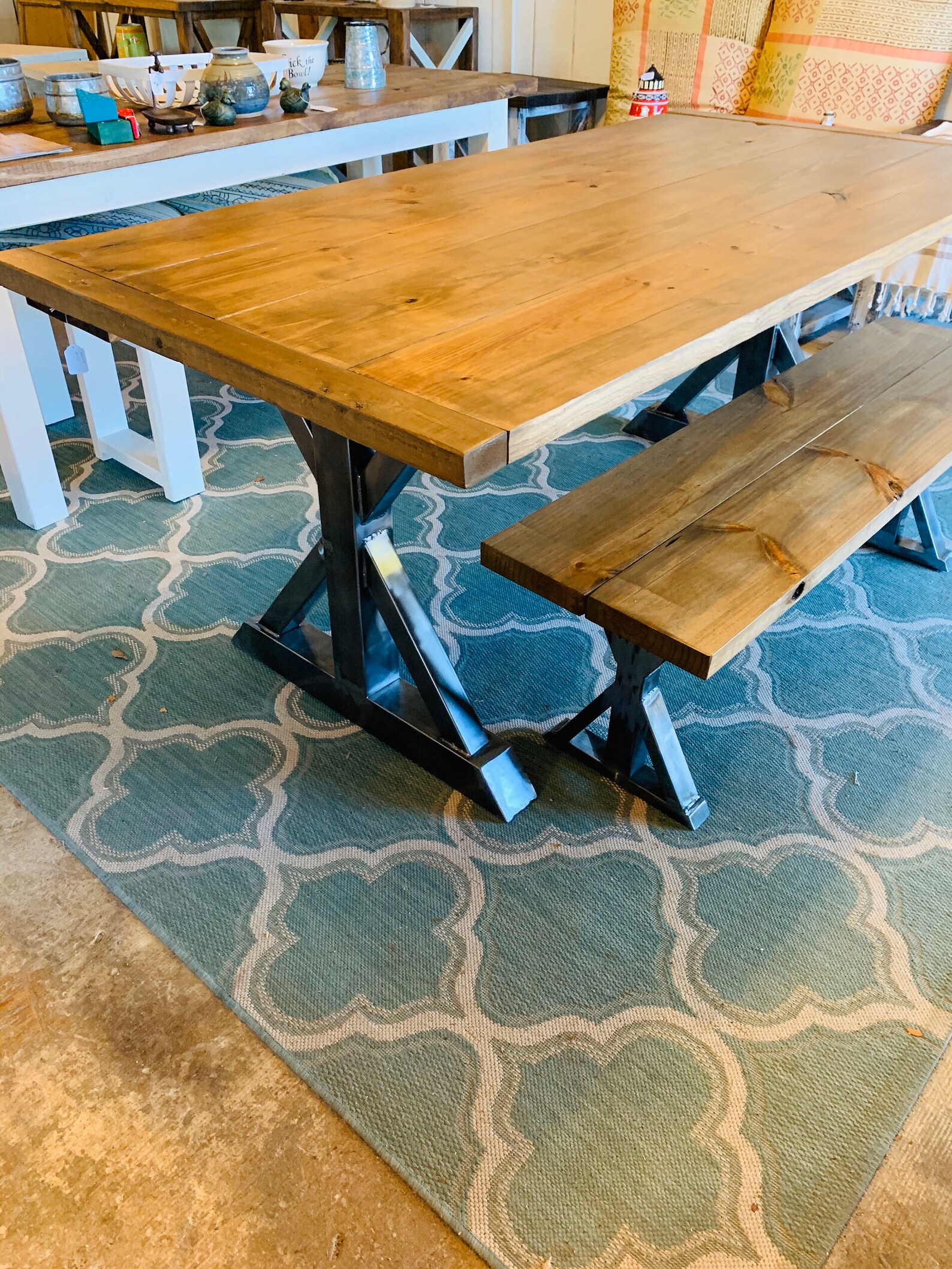 Industrial Farmhouse Table Set With Bench Raw Steel Pedestal | Etsy