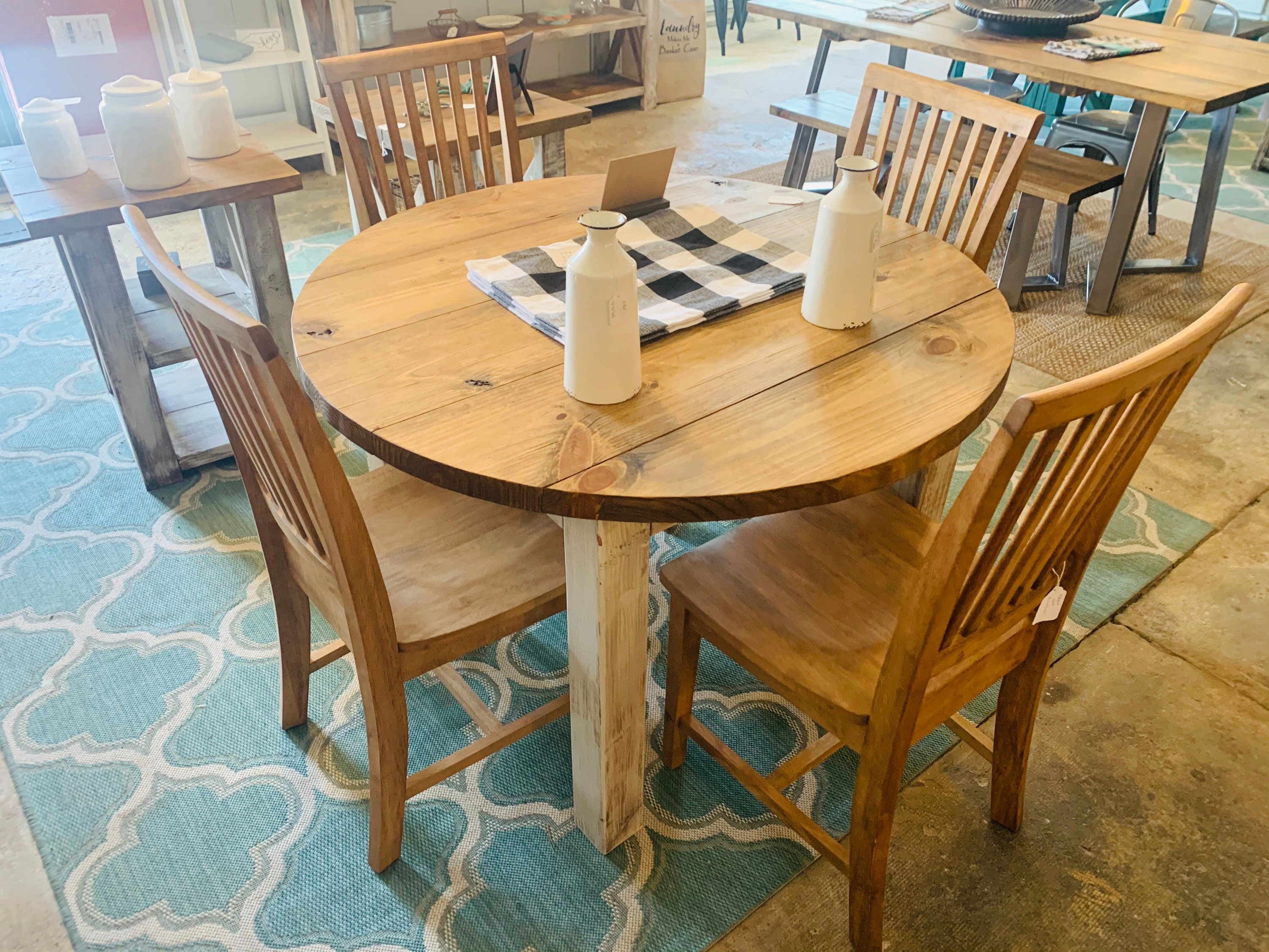 Round Rustic Farmhouse Table with chairs, Four Leg Base, Provincial ...