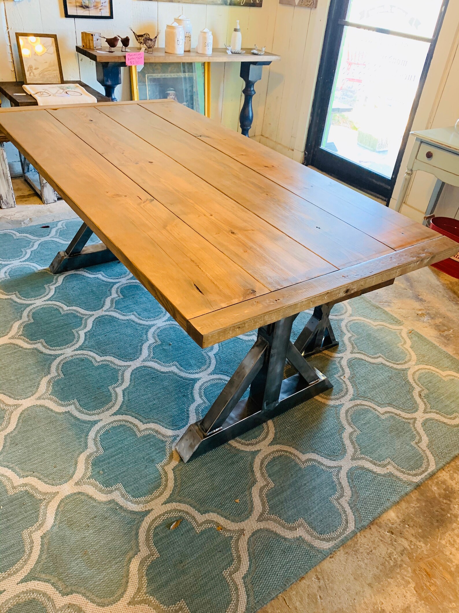 Industrial Farmhouse Table Set With Bench Raw Steel Pedestal | Etsy