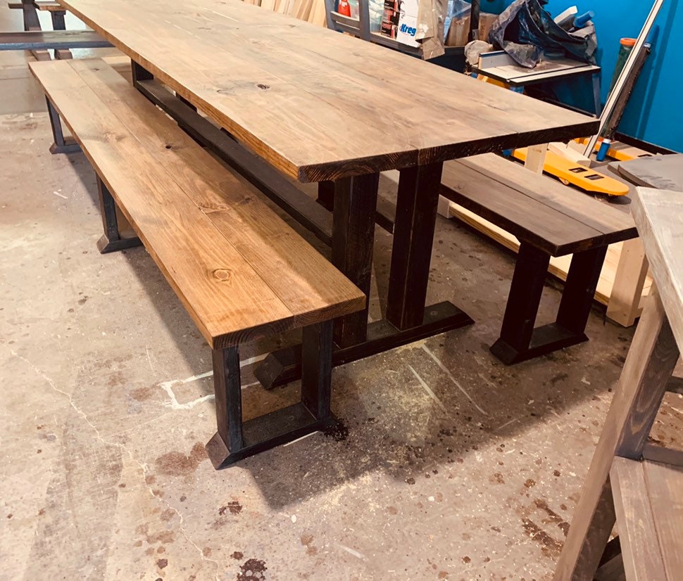 Modern Farmhouse Table with Long Benches, Provincial brown Top, Black ...