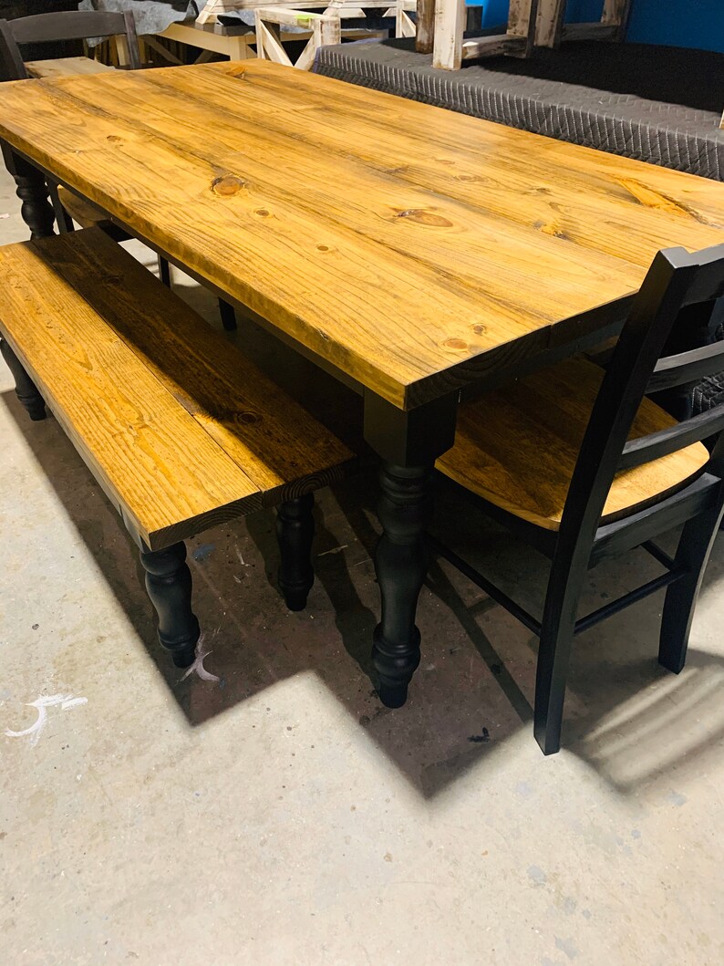 Rustic Farmhouse Table Set With Turned Legstwo Benches and - Etsy
