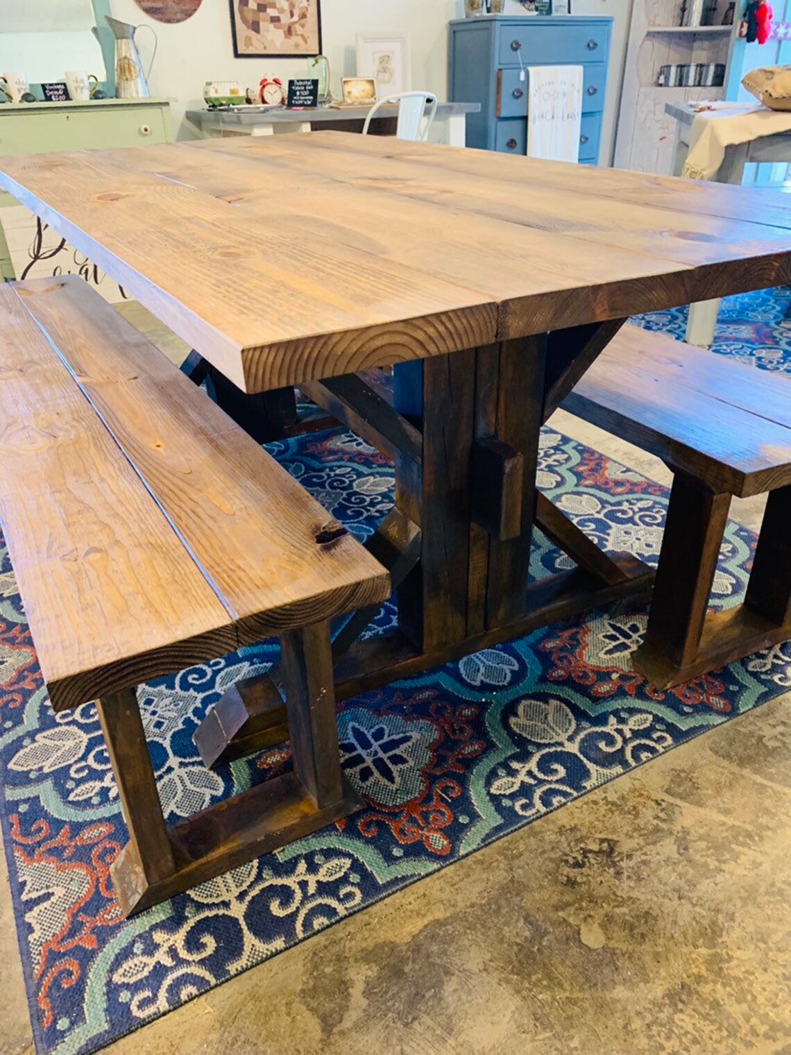 Rustic Rusty Trestle Style Farmhouse Table Set With Benches - Etsy