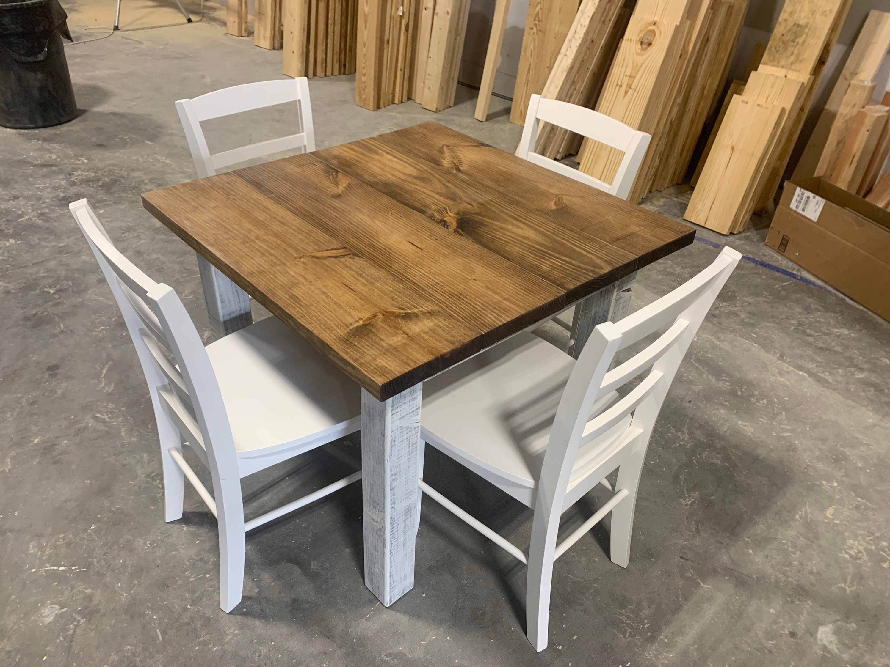 Square Farmhouse Table, Rustic Farmhouse Table, Dining Set, With White ...