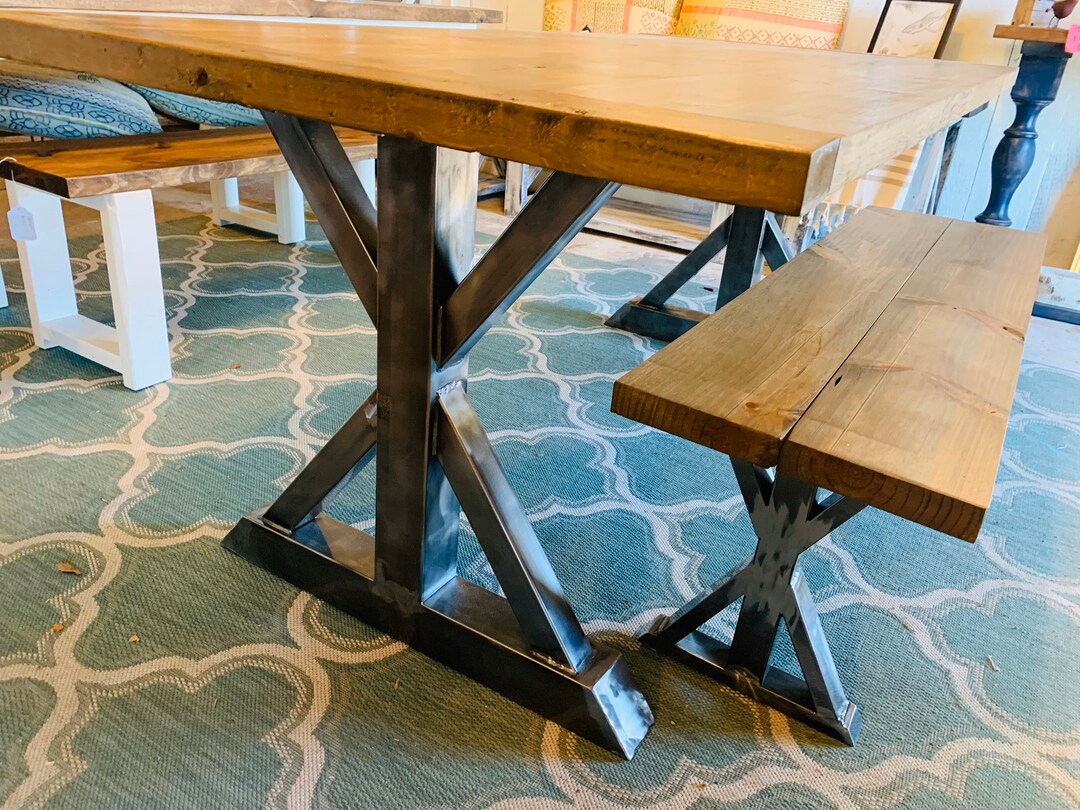 Industrial Farmhouse Table Set With Bench, Raw Steel Pedestal Base ...