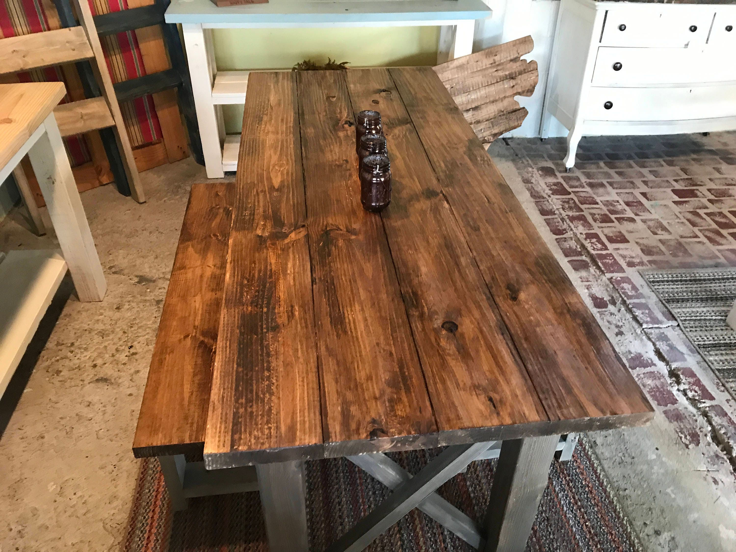 Farmhouse Table Set - Narrow Dining Table - X Accent - Classic Gray and ...