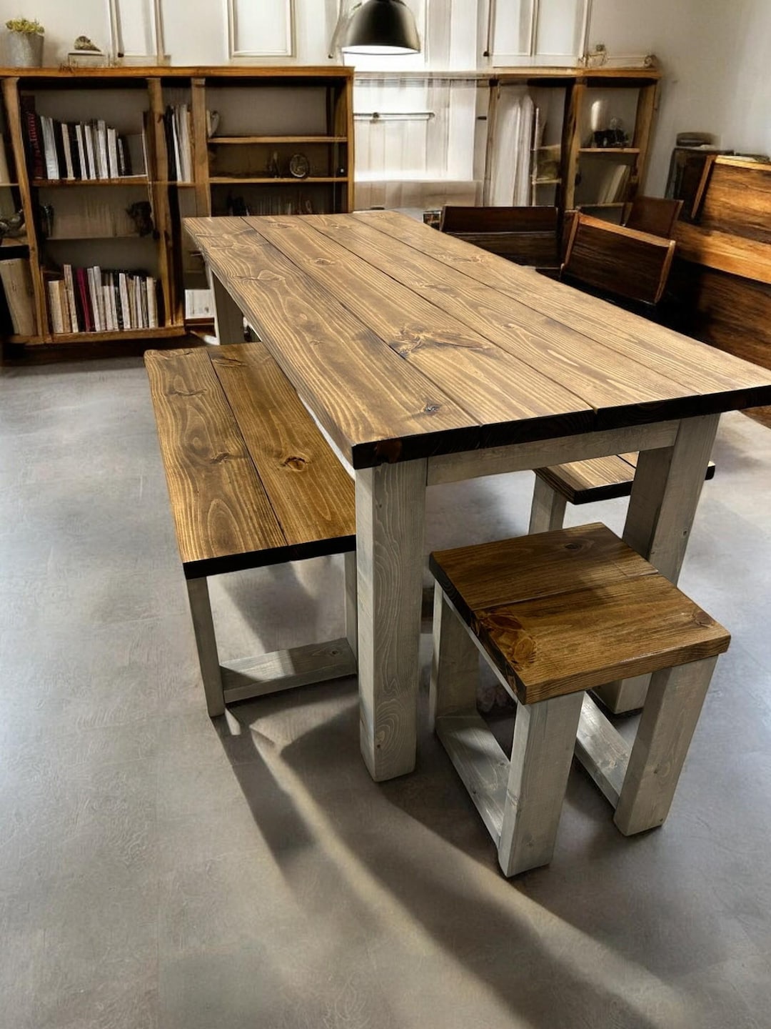 Narrow Dining Table Set - Bench Seating - Provincial Brown and Gray ...