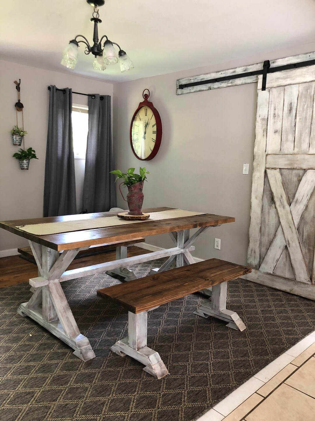 Rustic Pedestal Farmhouse Table With Benches Provincial Brown With ...
