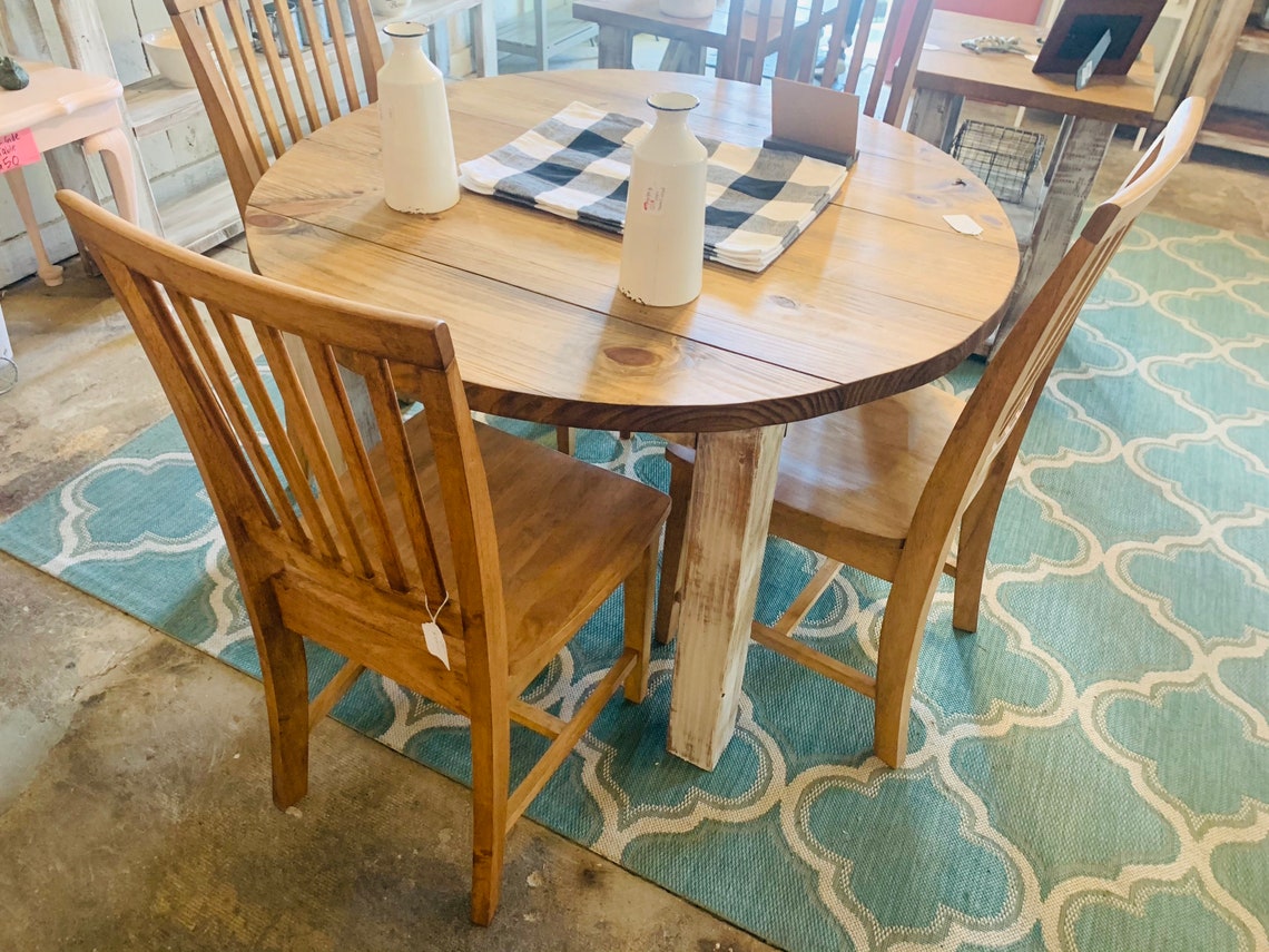 Round Rustic Farmhouse Table With Chairs Four Leg Base - Etsy