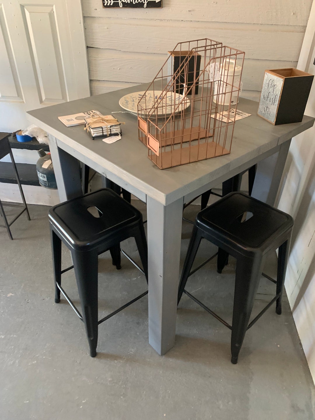Square Counter Height Farmhouse Table, Stained a Weathered Gray With 4 ...