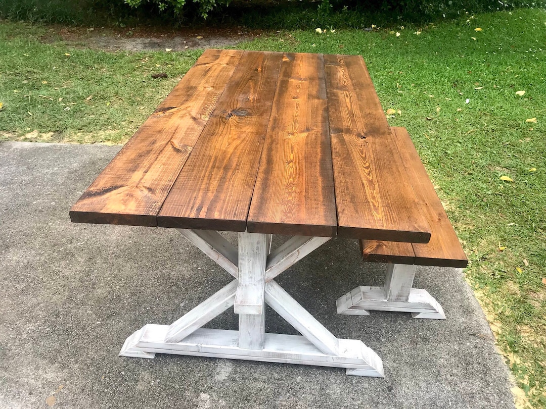 Rustic Pedestal Farmhouse Table With Bench Provincial Brown With White ...