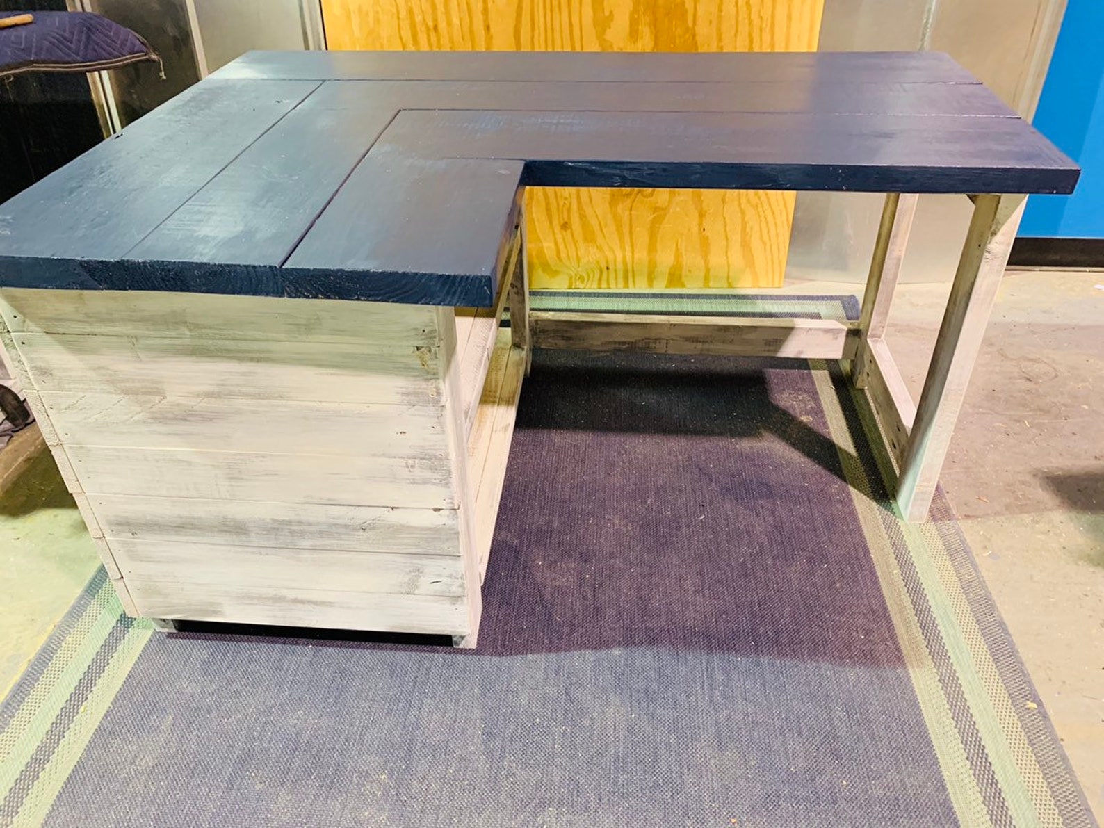 Rustic Farmhouse Left Return Desk With Storage, L Desk With Navy Blue ...