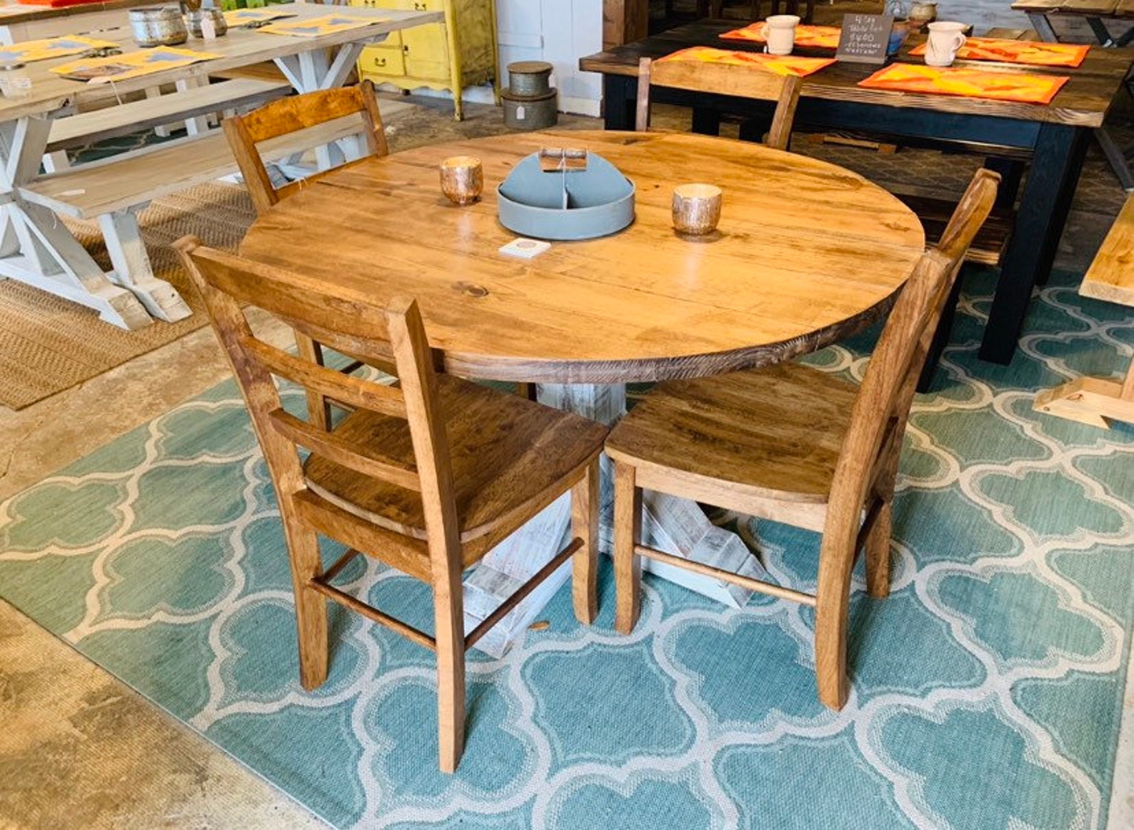 Farmhouse Round Wooden Dining Table: Distressed White Pedestal Base - Etsy