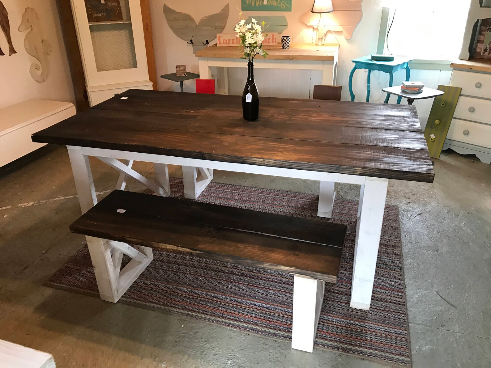 Rustic Farmhouse Table With Benches With Dark Walnut Top and - Etsy