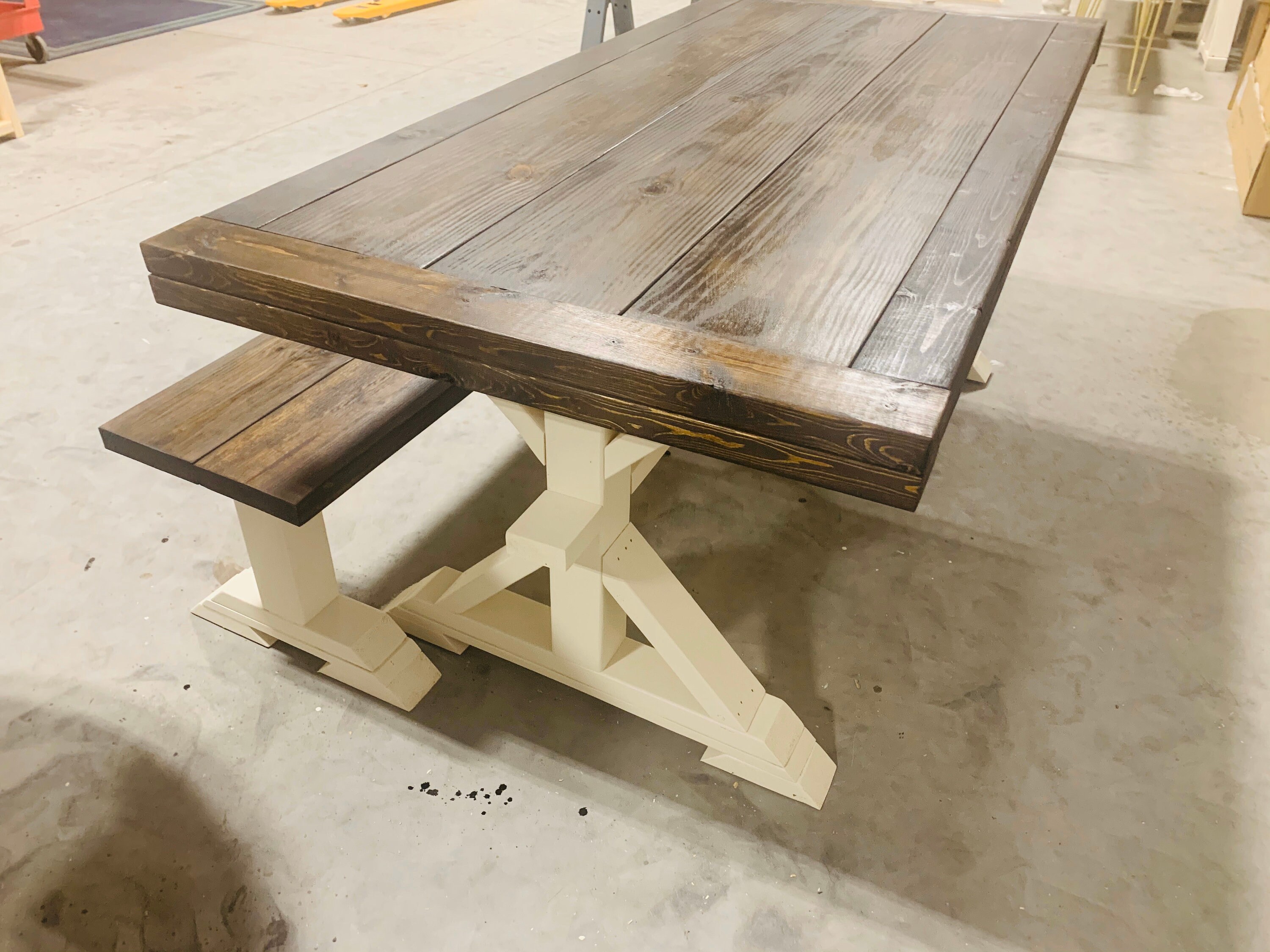 Chunky Farmhouse Table with Rustic Pedestal Base, and Bench Espresso ...
