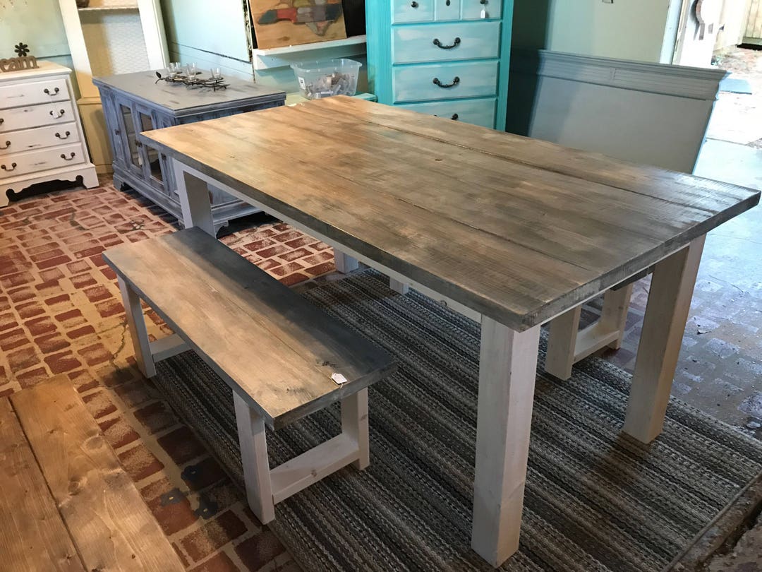 White Wash Farmhouse Table With Benches Rustic Wooden Gray White Wash ...