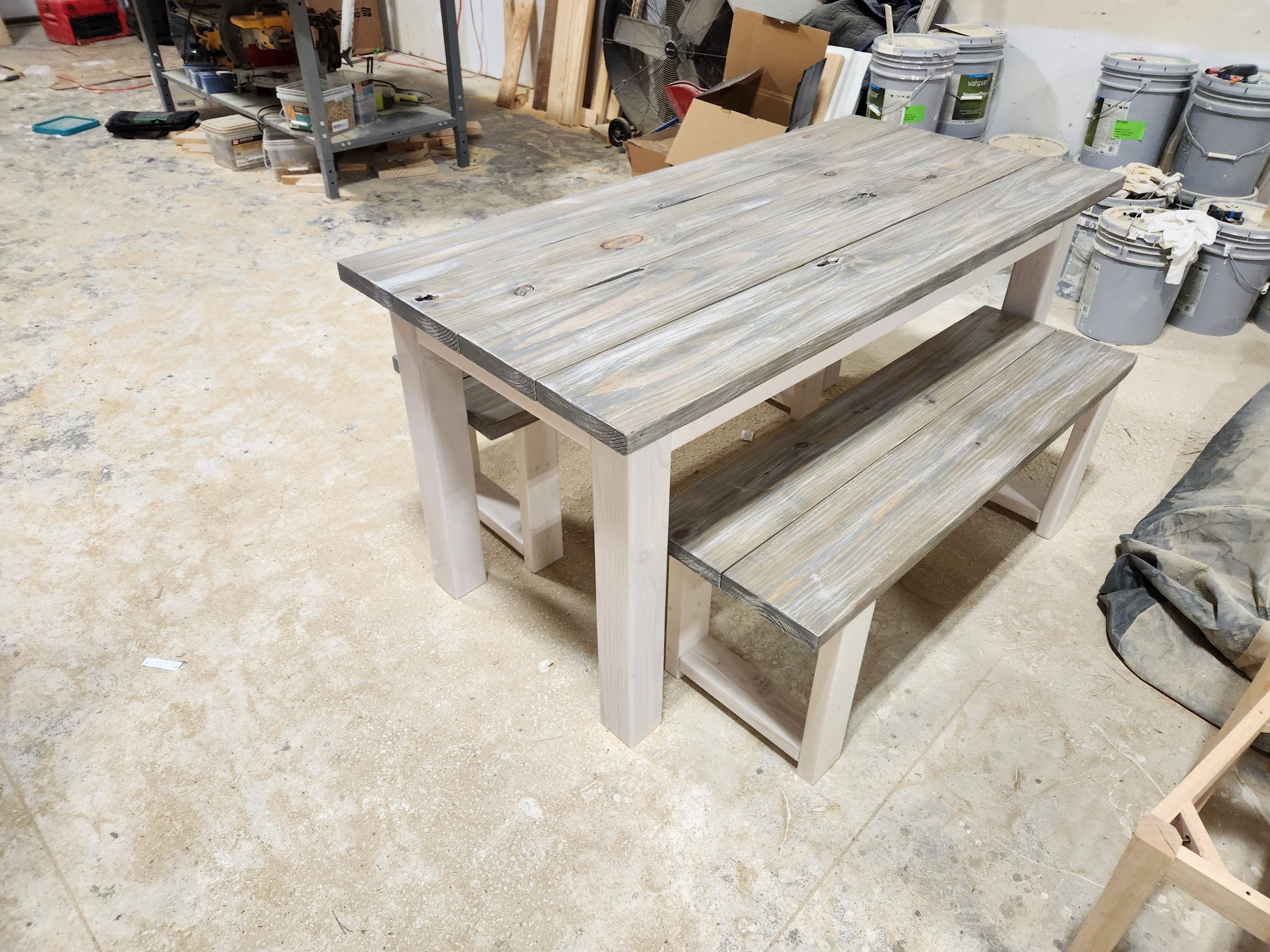 White Wash Farmhouse Table With Benches Wooden Gray White Wash - Etsy