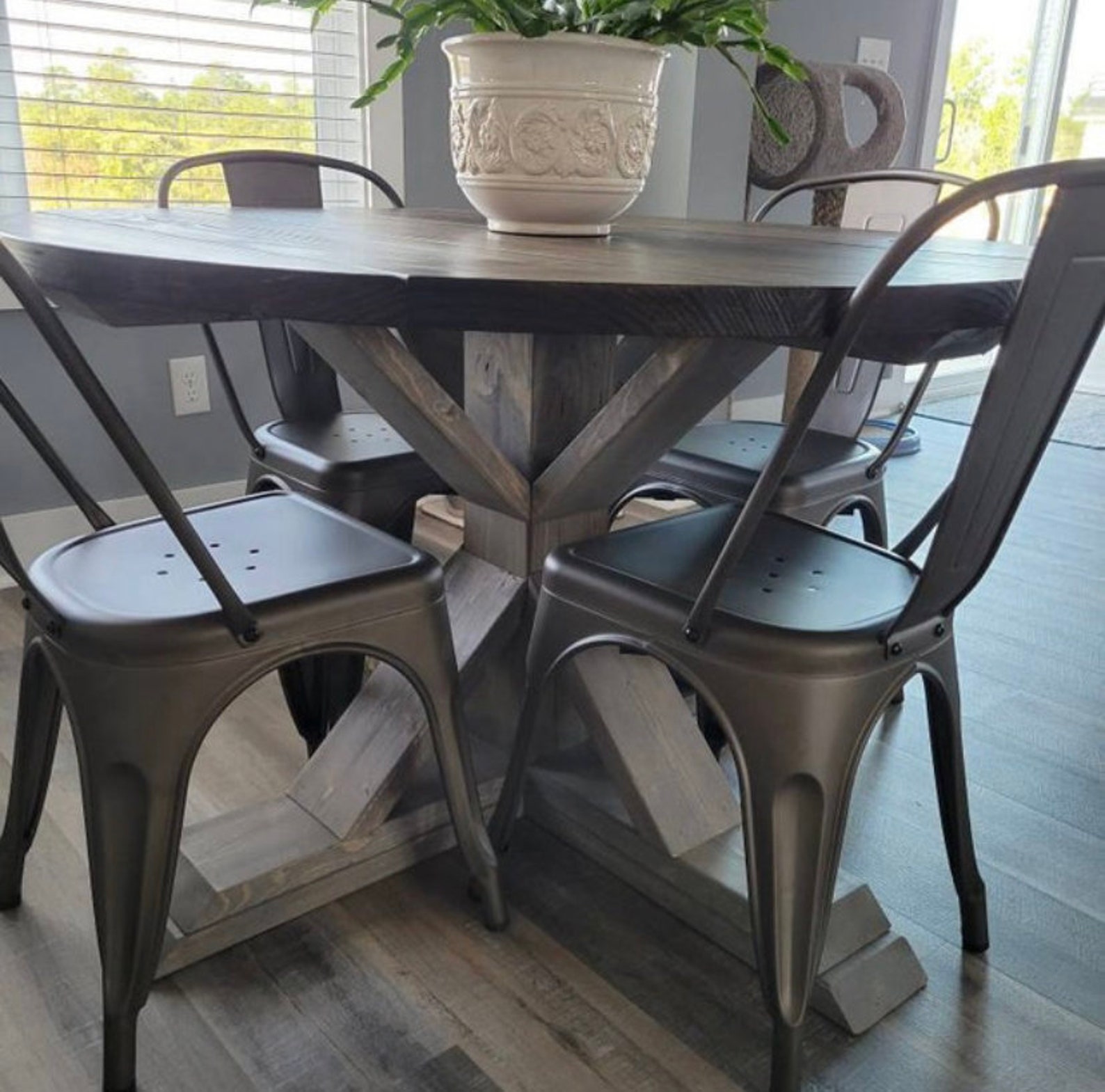 Round Farmhouse Table Set: Dark Walnut Top, Gray Pedestal Base - Etsy