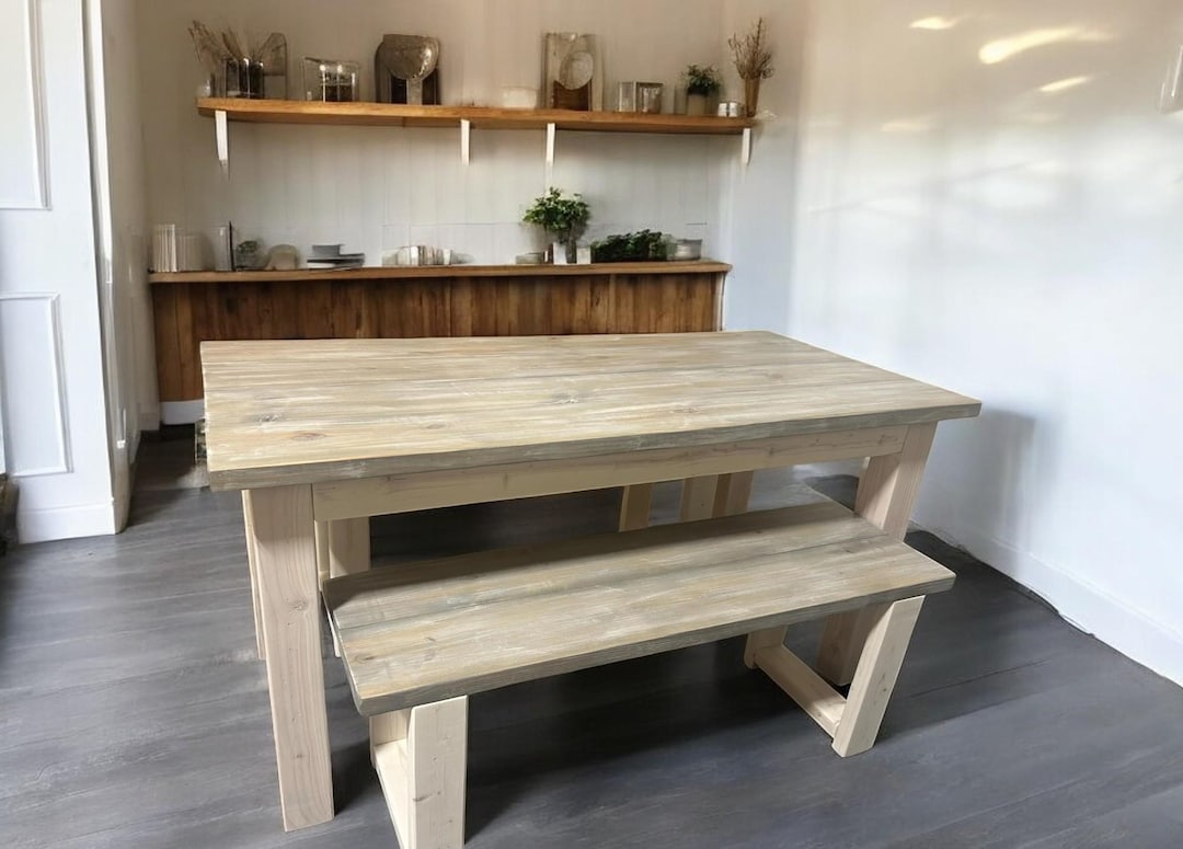 Small Farmhouse Dining Table Set: White Wash Wooden Kitchen Table With ...