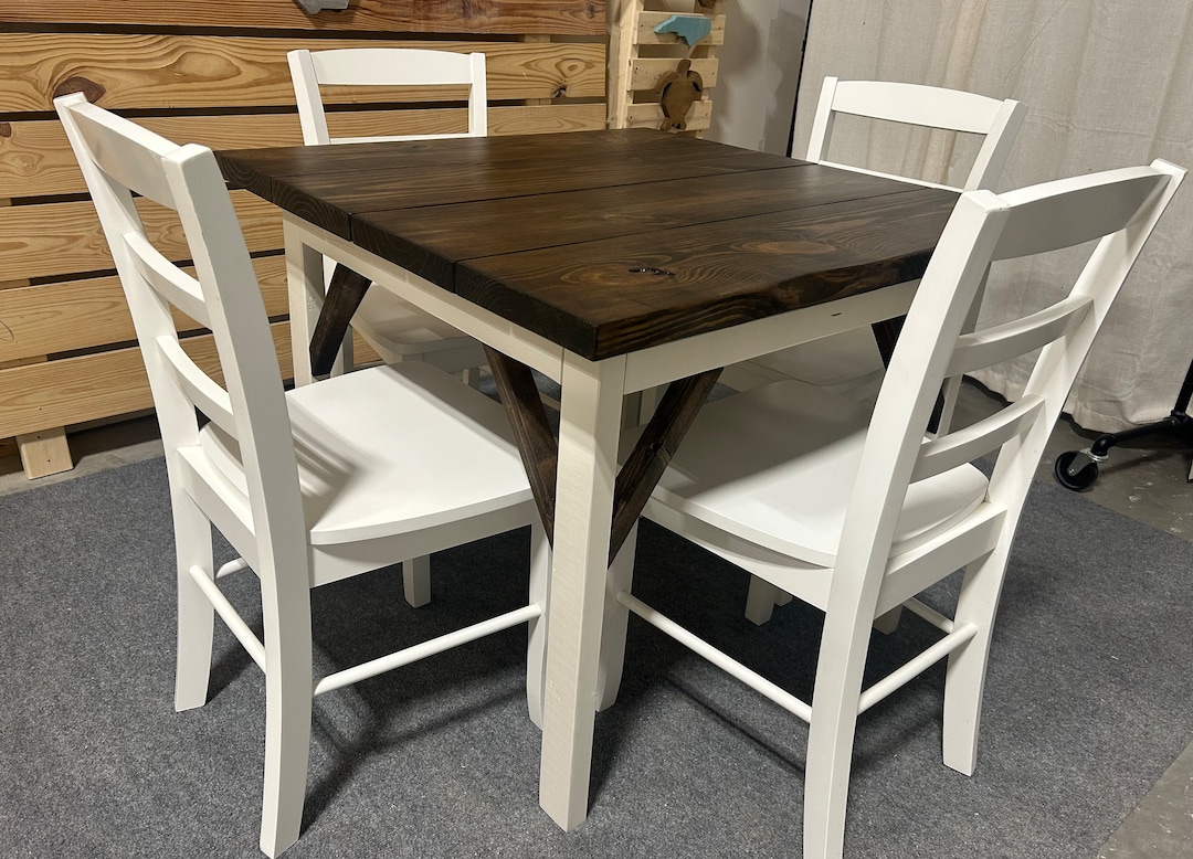 Square Modern Farmhouse Table - Dark Walnut, Antique White - With Chair ...