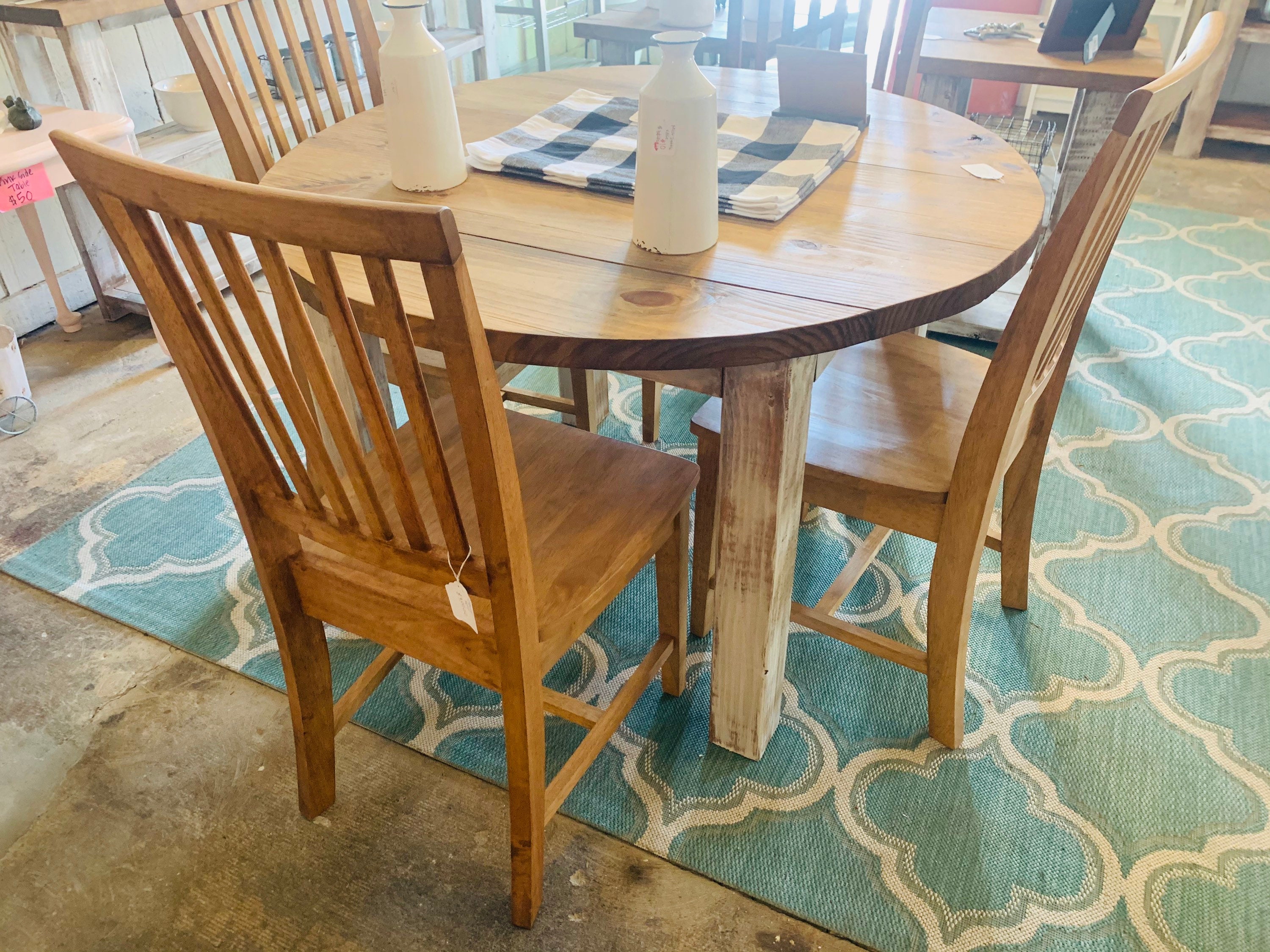 Round Rustic Farmhouse Table with chairs, Four Leg Base, Provincial ...