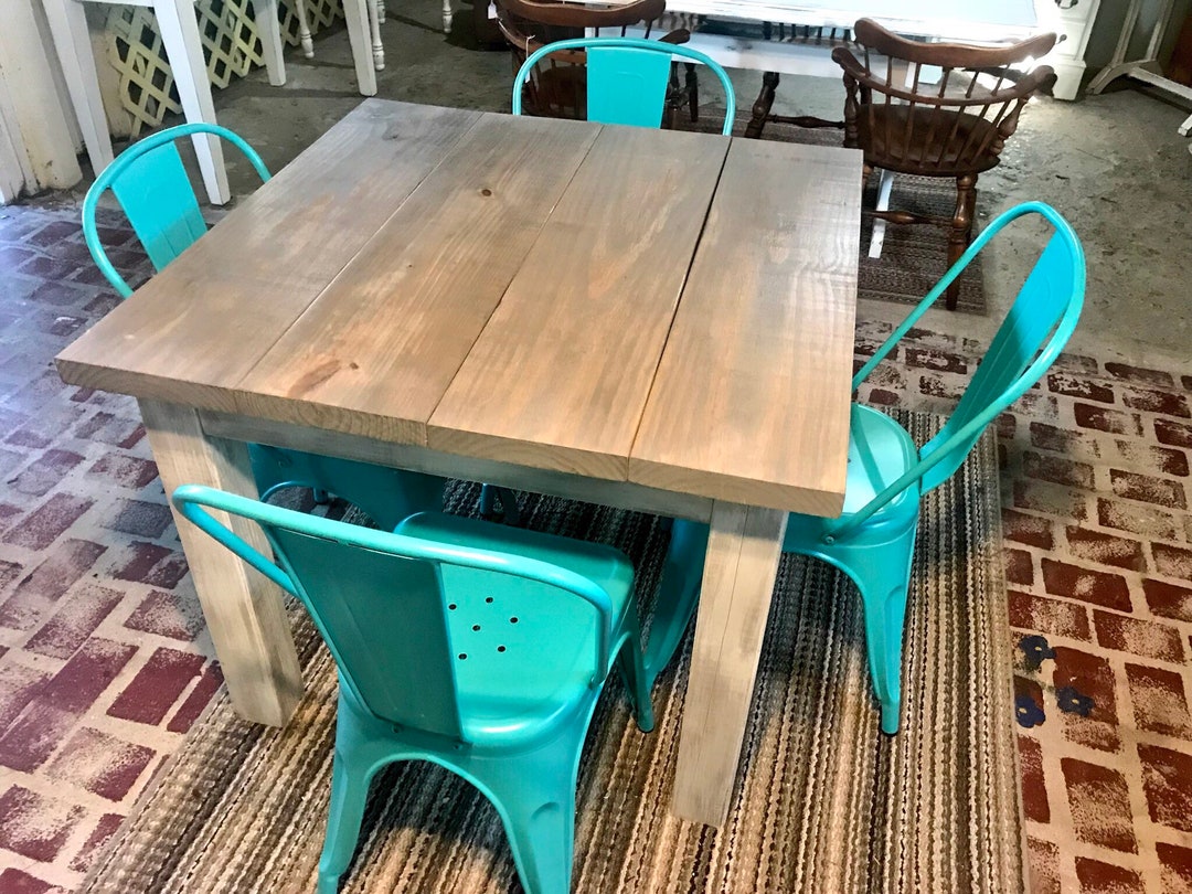 Square Farmhouse Table, Rustic Farmhouse Table, Dining Set With Aqua ...