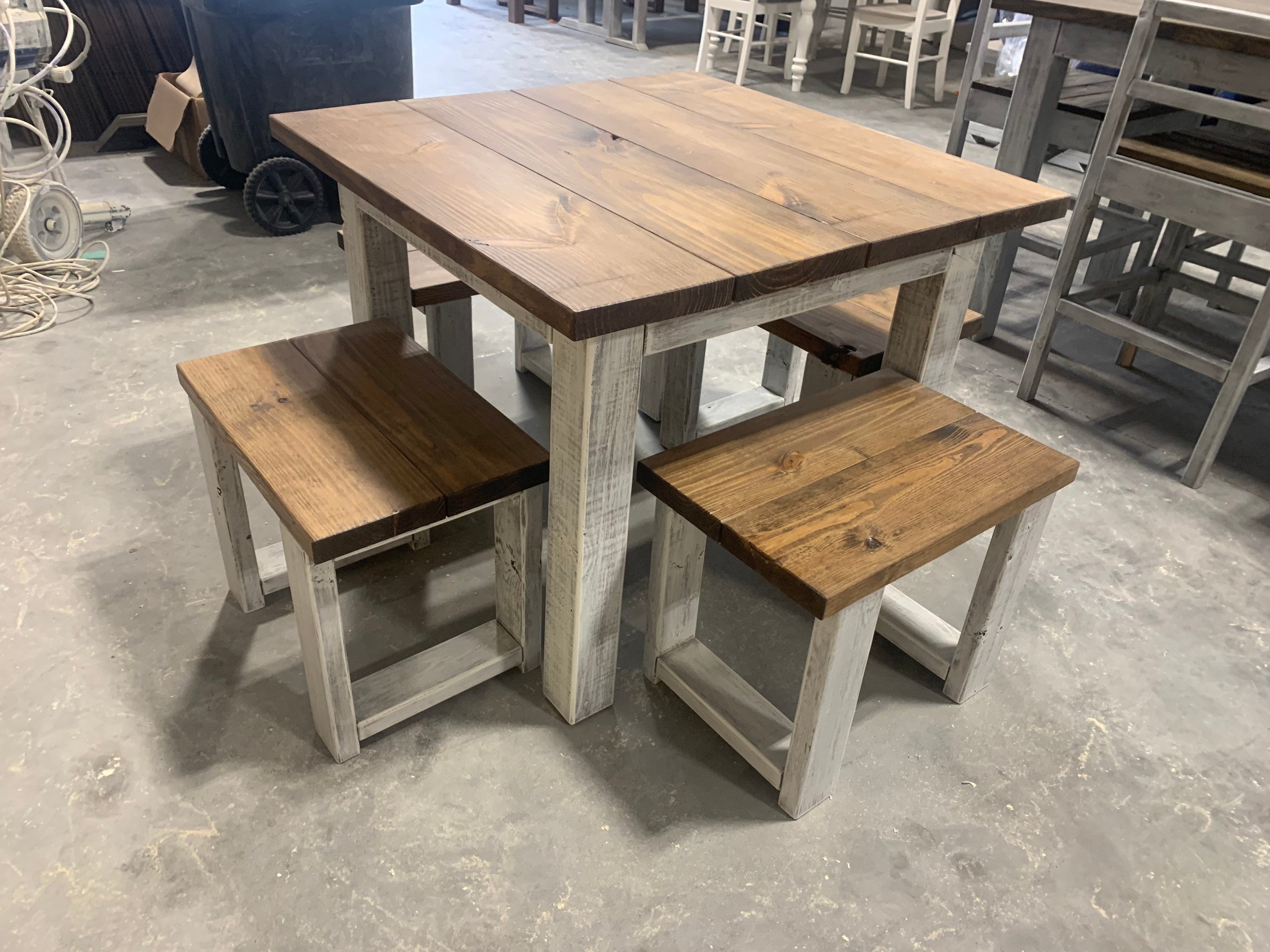 Square Farmhouse Table, Rustic Farmhouse Table, Dining Set with Stools ...