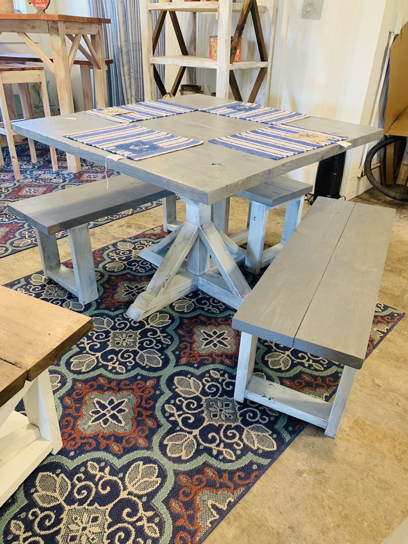 Rustic Square Pedestal Farmhouse Table with Benches and Stools ...