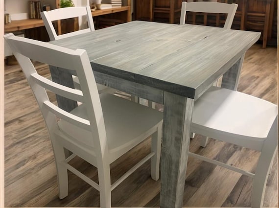 Square Farmhouse Table Set With Chairs Gray White Wash Distressed White Base Breakfast Nook Table Small Dining Table Etsy
