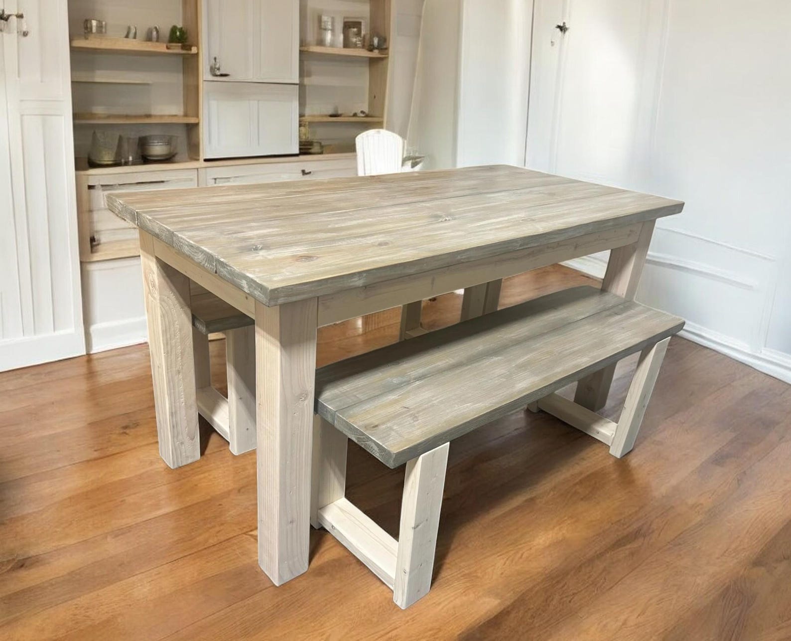 Small Farmhouse Dining Table Set: White Wash Wooden Kitchen Table With ...