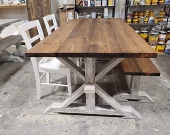 Rustic Pedestal Farmhouse Table With Benches Provincial Brown - Etsy